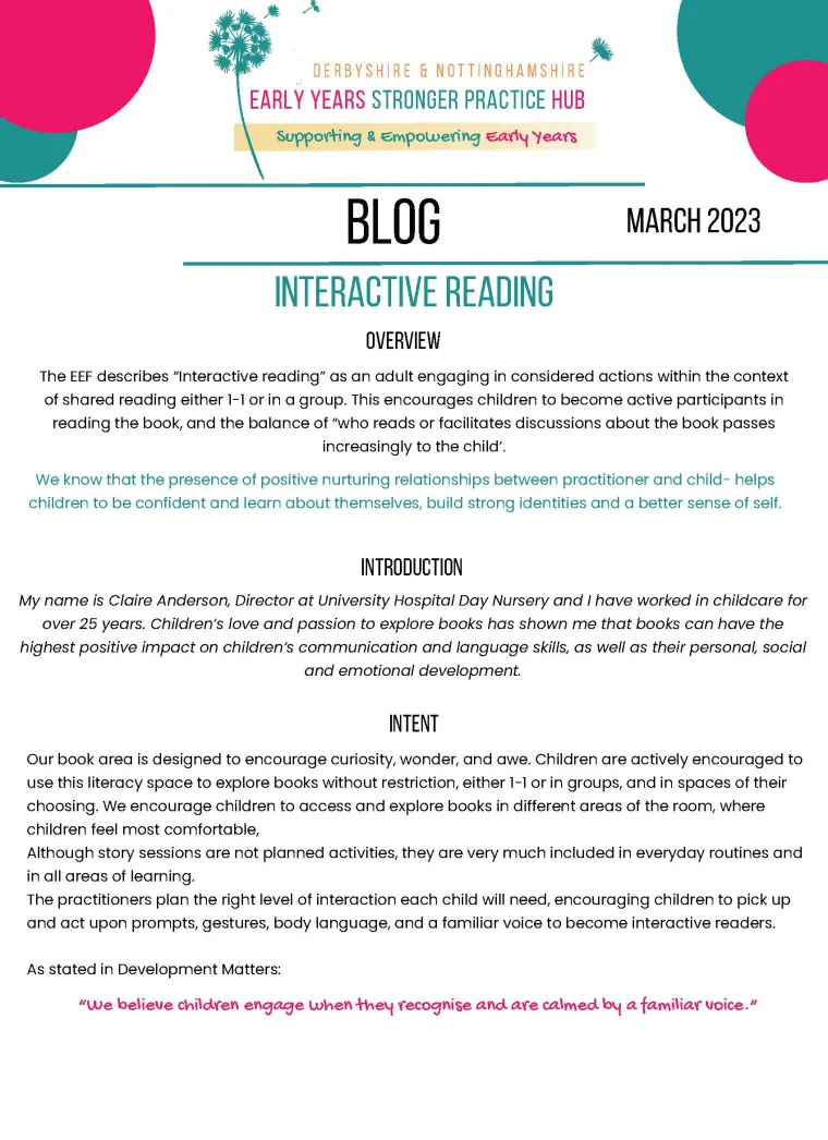 Blog on Interactive Reading - By Claire Anderson, Director at University Hospital Day Nursery ...